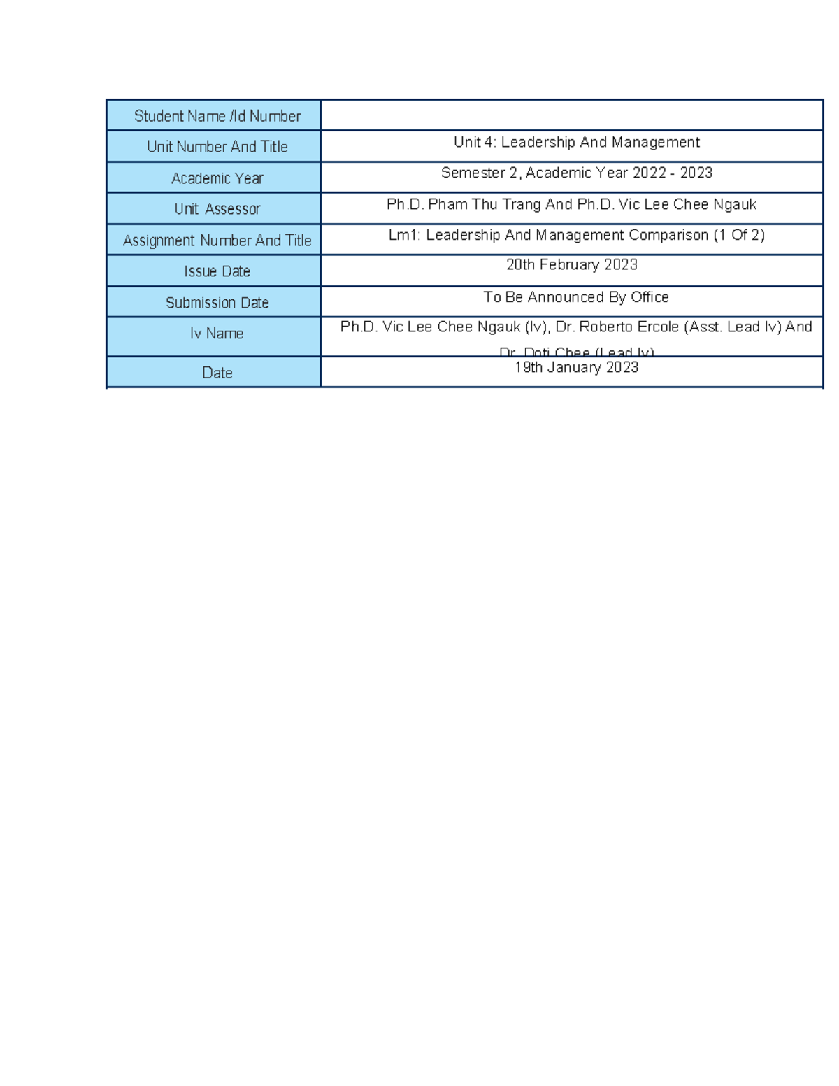 Structure and guideline for A1 - Student Name /Id Number Unit Number And Title Unit 4 ...