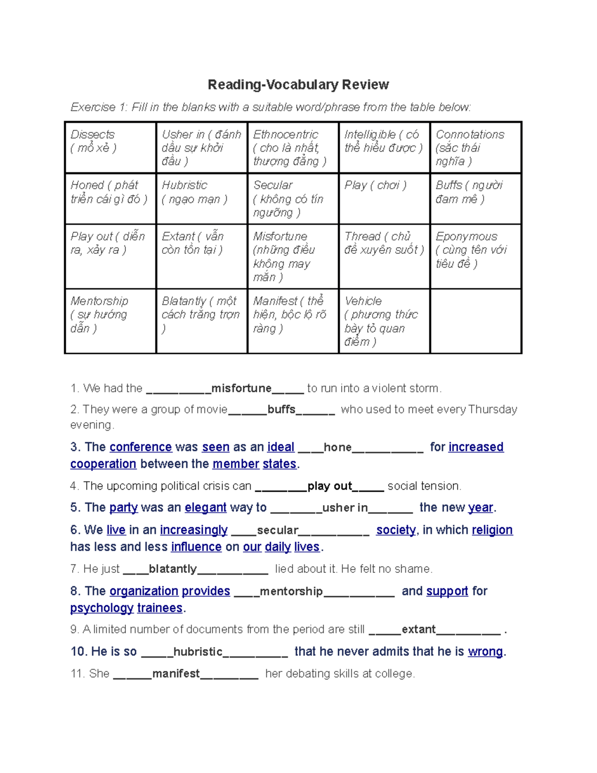 [Revised] Reading+Vocab Exercise - Reading-Vocabulary Review Exercise 1 ...
