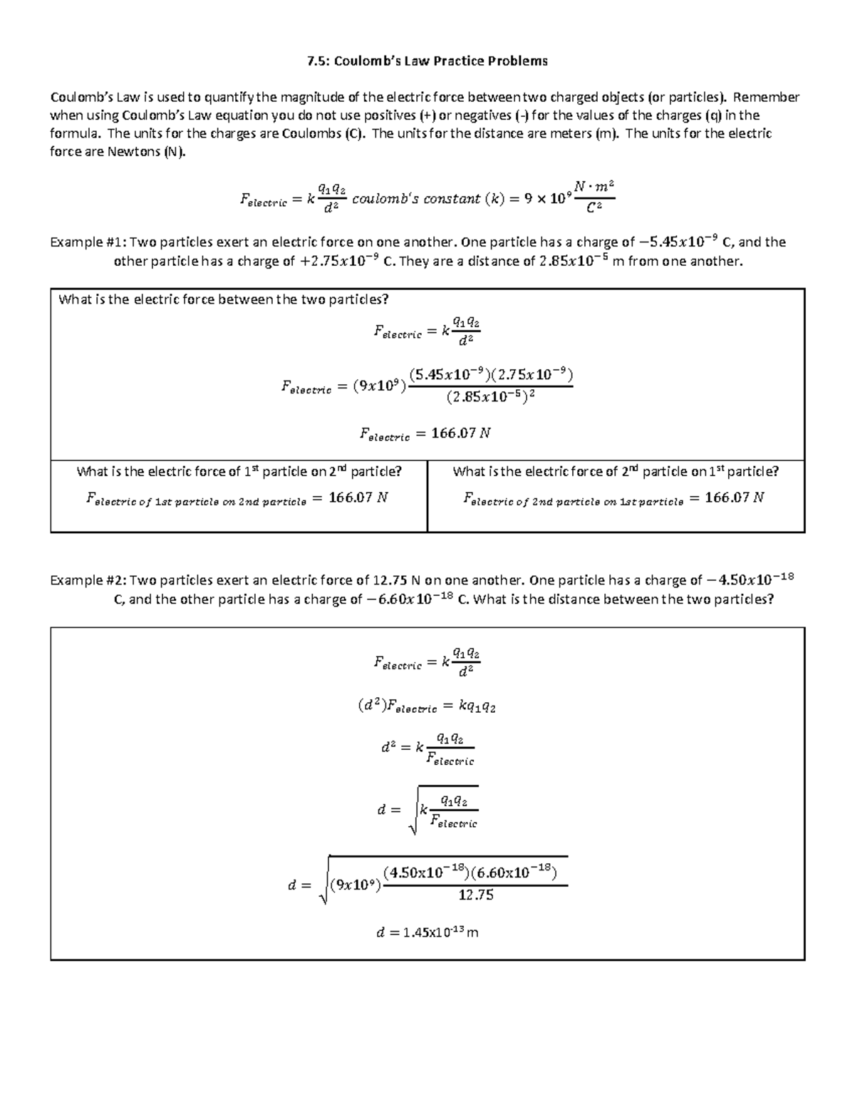Physics WS - Coulomb's Law Practice Problems - 5 : Coulomb’s Law ...