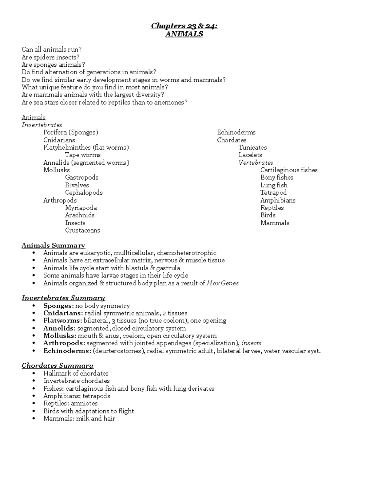 Animals - Summary Modern biology - Chapters 23 & 24: ANIMALS Can all ...