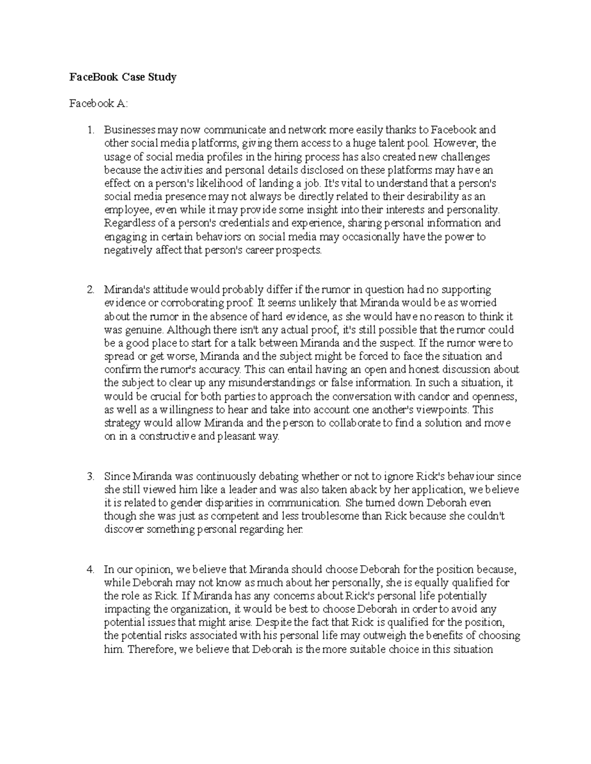 Face Book Case Study - FaceBook Case Study Facebook A: Businesses may ...