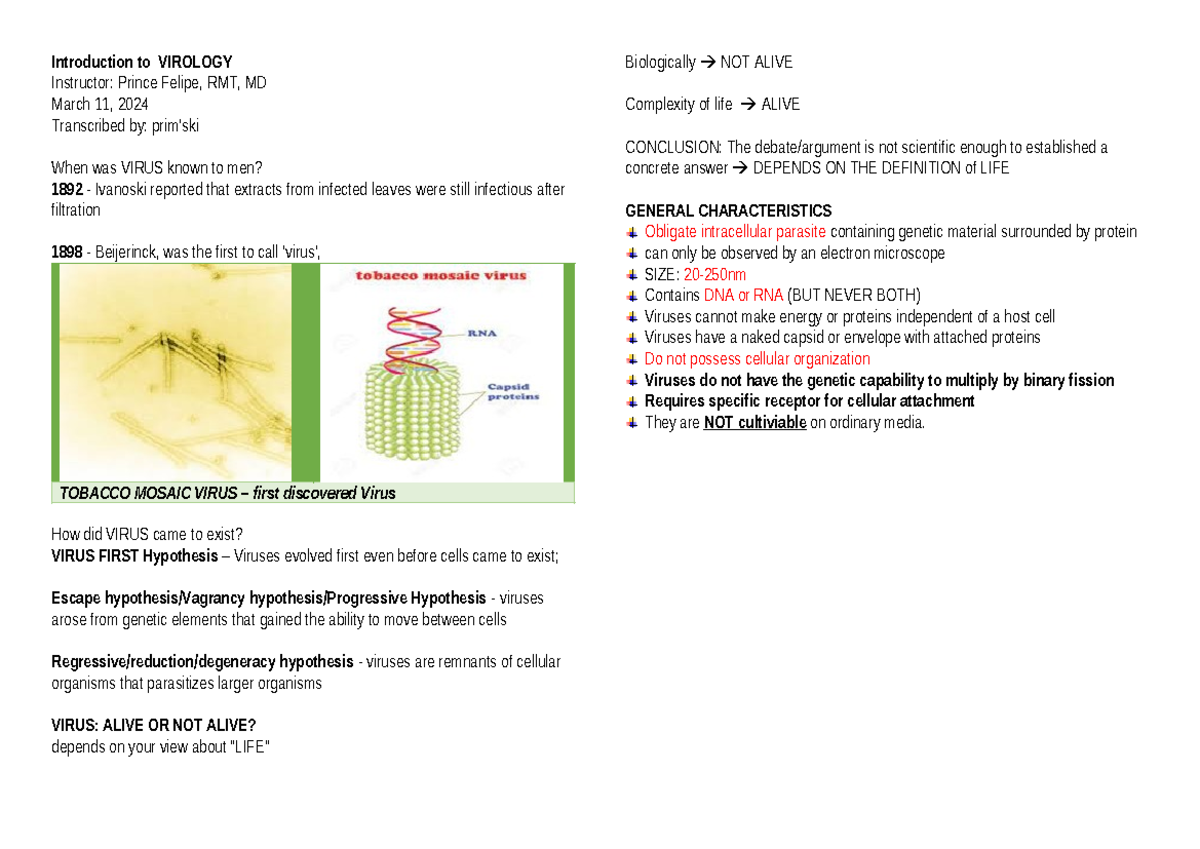Mycology and virology - virus - Introduction to VIROLOGY Instructor: Prince Felipe, RMT, MD ...