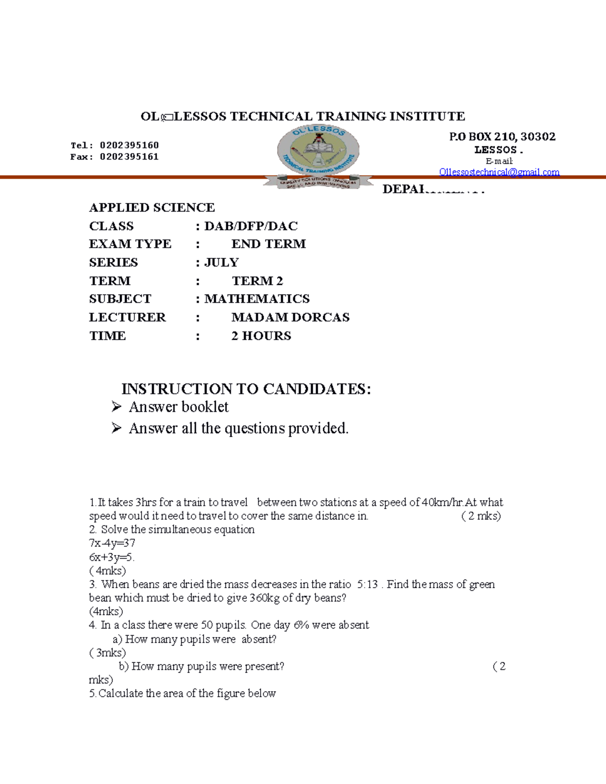 Madam Dorcas - Doing practices - OL LESSOS TECHNICAL TRAINING INSTITUTE ...