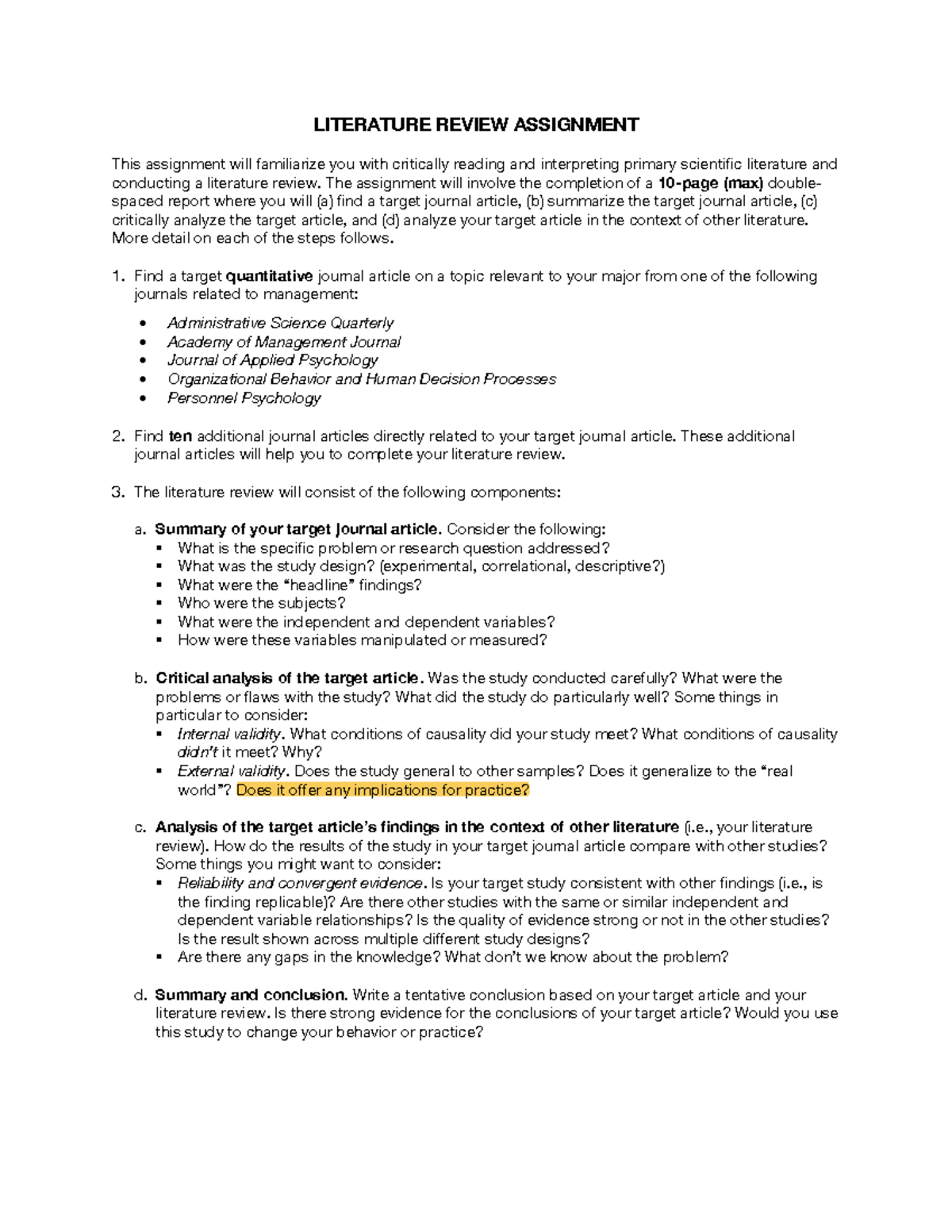 Literature Review Assignment - LITERATURE REVIEW ASSIGNMENT This ...