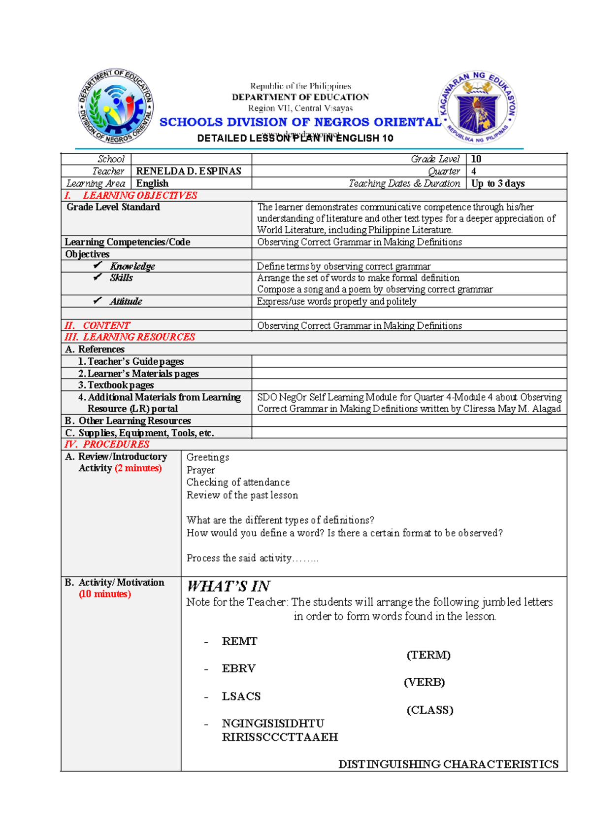 Dlp-quarter-4-module-4 compress - DETAILED LESSON PLAN IN ENGLISH 10 ...