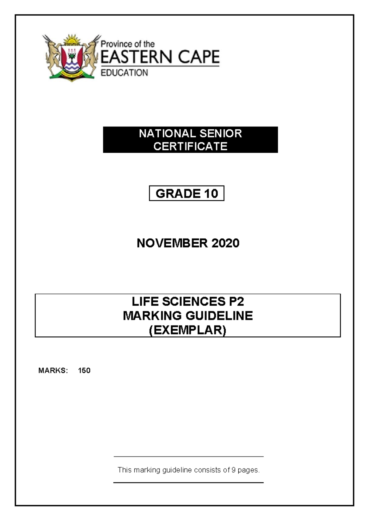 LIFE Sciences P2 MEMO GR10 NOV2020 English - NATIONAL SENIOR CERTIFICATE GRADE 10 NOVEMBER 2020 ...