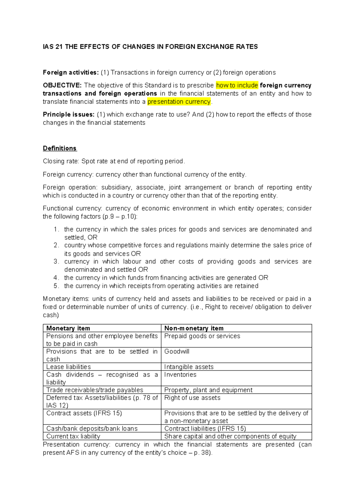 IAS 21 Foreign exchange summary - IAS 21 THE EFFECTS OF CHANGES IN ...
