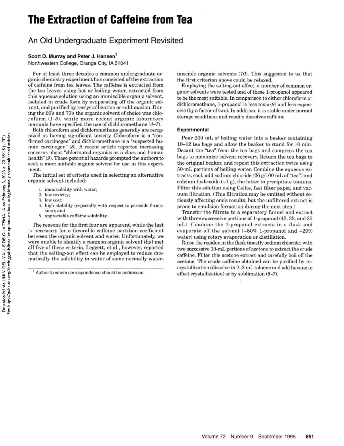 The extration - Procedimiento - The Extraction of Caffeine from Tea An ...