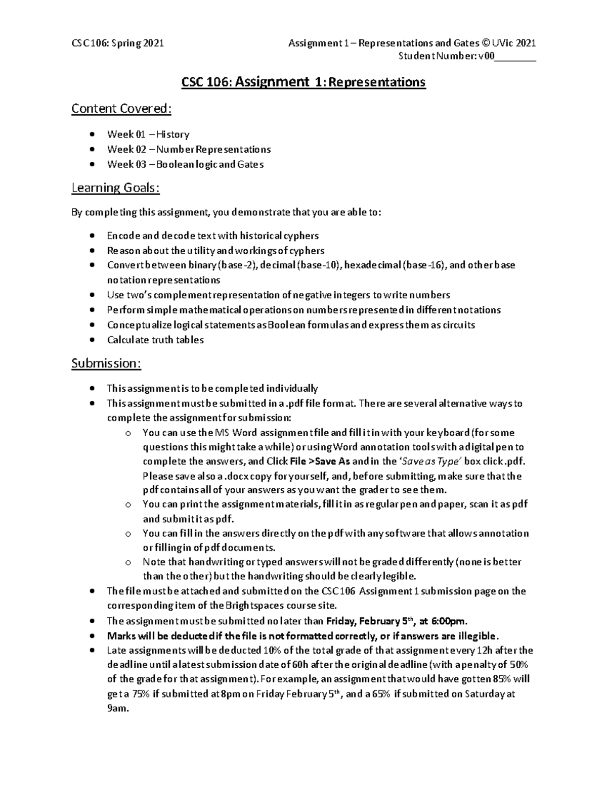 Csc assingment 1 - CSC W3CSC W3CSC W3CSC W3 - Student Number: v00________ CSC 106: Assignment 1 ...