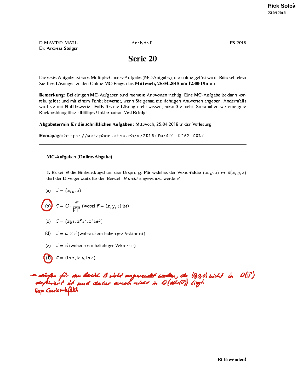 Serie 20 - Wintersemester - D-MAVT/D-MATL Analysis II FS 2018 Dr ...