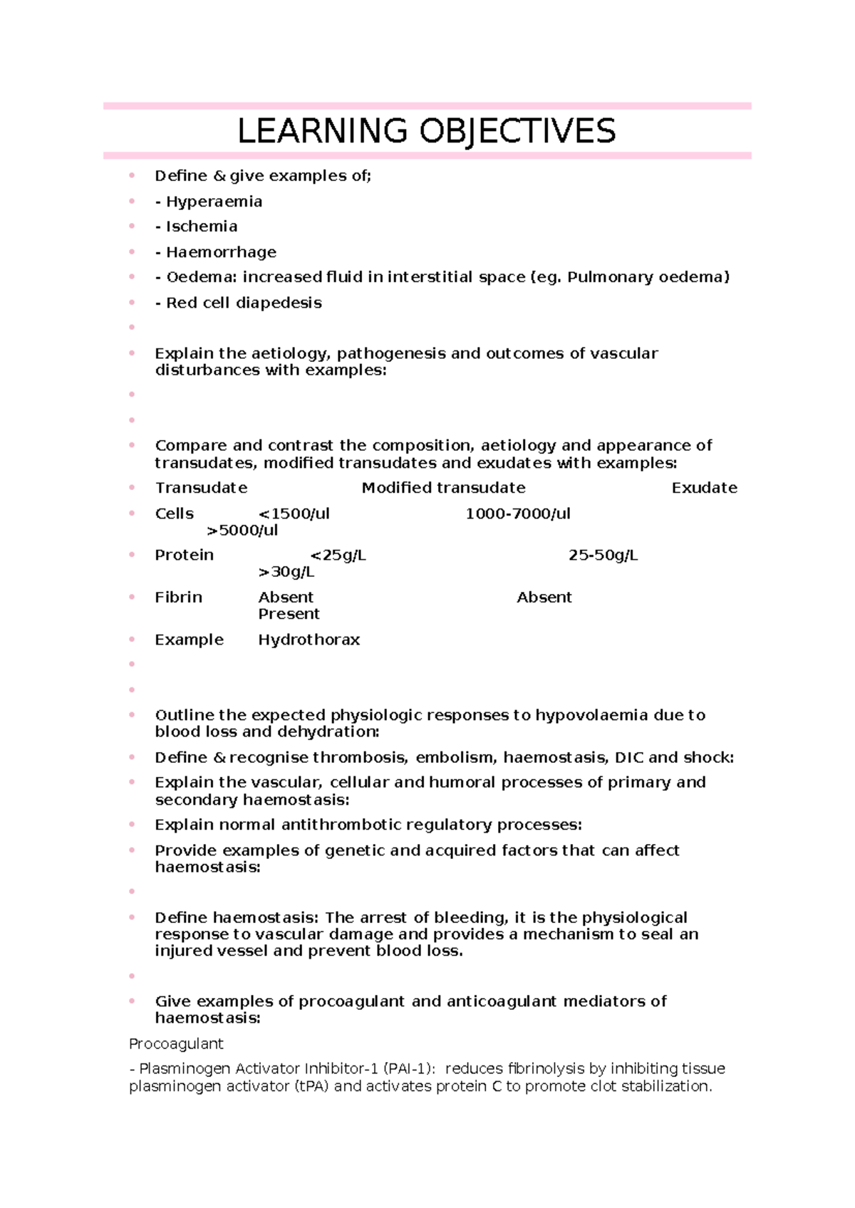 ANS313 Lectures 1-3 - LEARNING OBJECTIVES Define & give examples of; - Hyperaemia - - Studocu