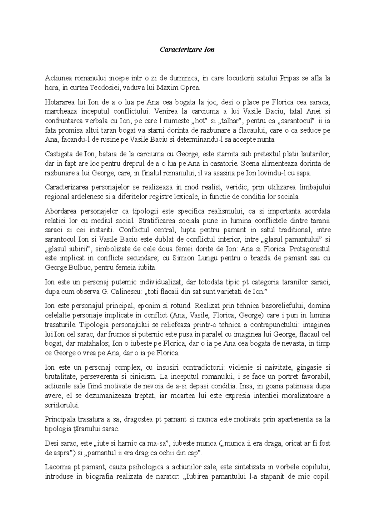 Caracterizare ion - Caracterizare Ion Actiunea romanului incepe intr o ...