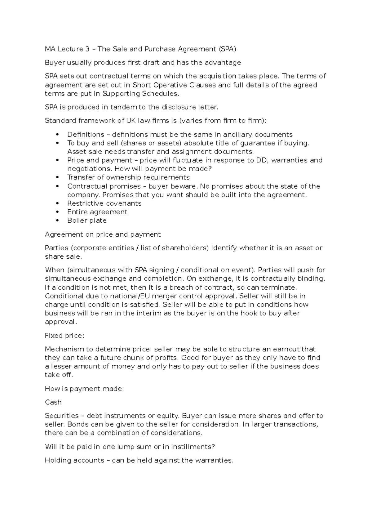 MA Week 3 Lecture Notes - MA Lecture 3 – The Sale and Purchase ...