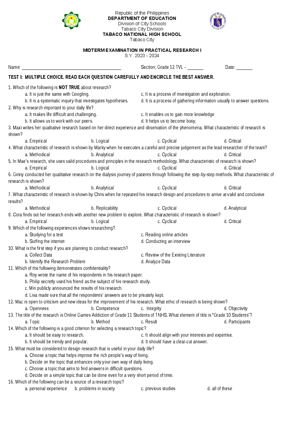 1st Quarterly Exam - Exam - Republic of the Philippines DEPARTMENT OF ...