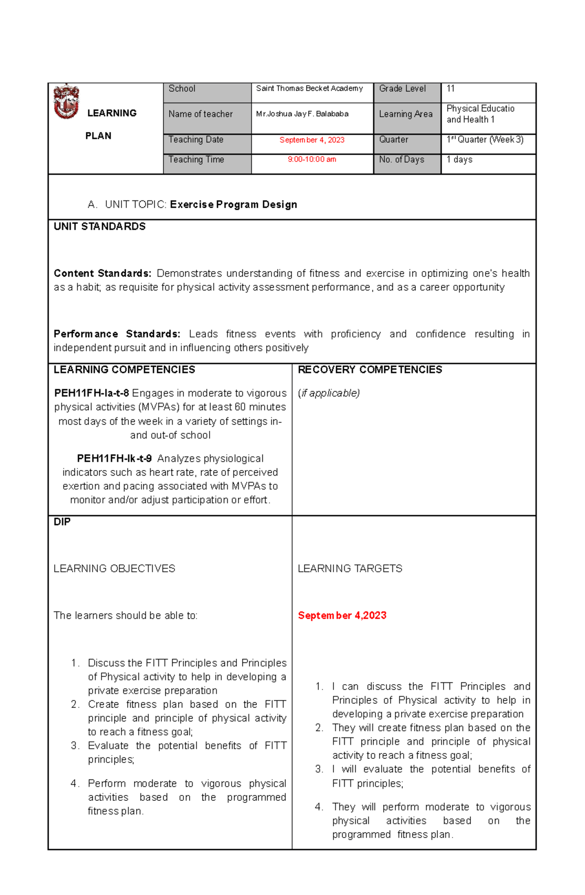 G11 PEH LP Week 3 - PEH 1 - LEARNING PLAN School Saint Thomas Becket ...