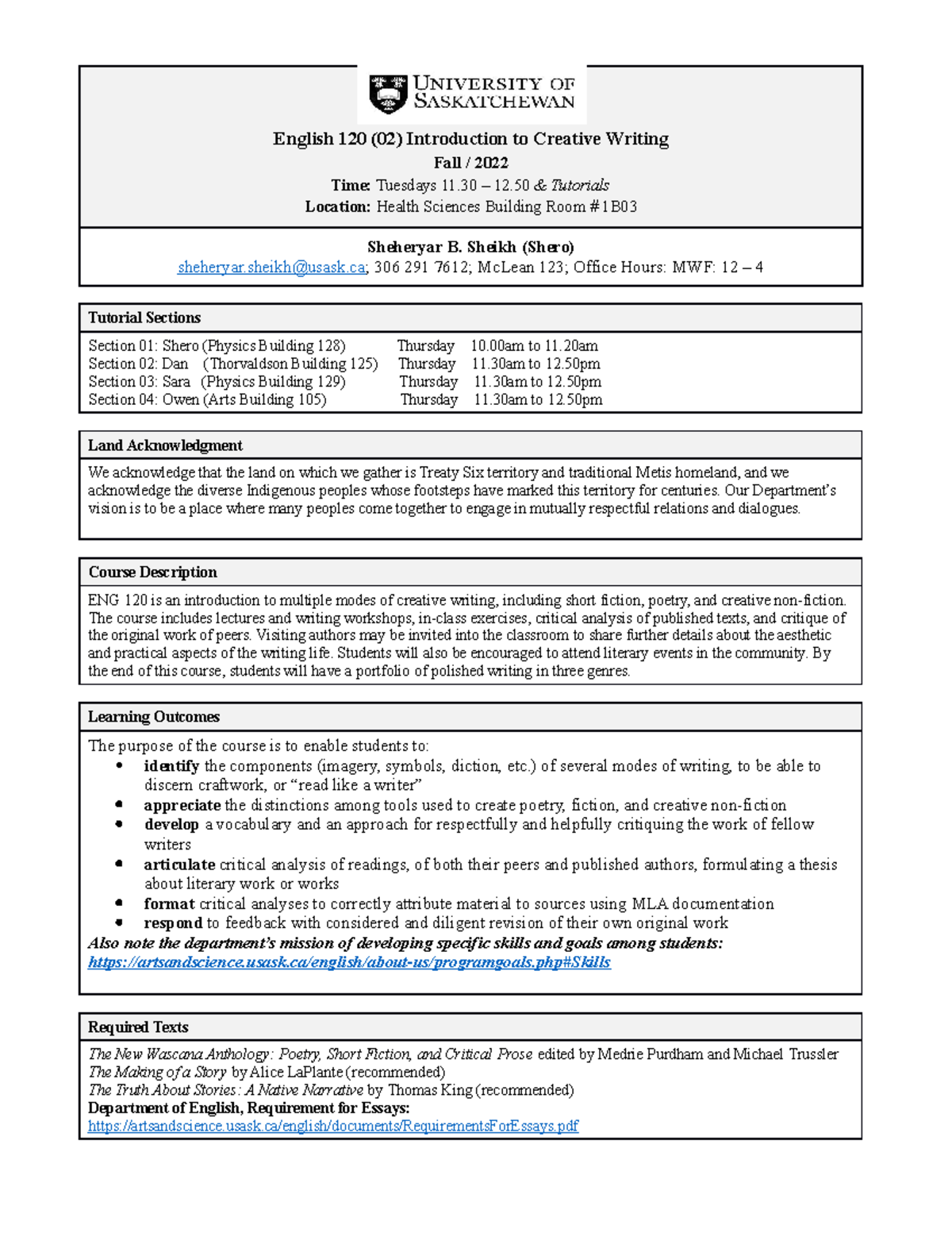 Eng 120 Syllabus Fall 2022 - English 120 (02) Introduction to Creative ...