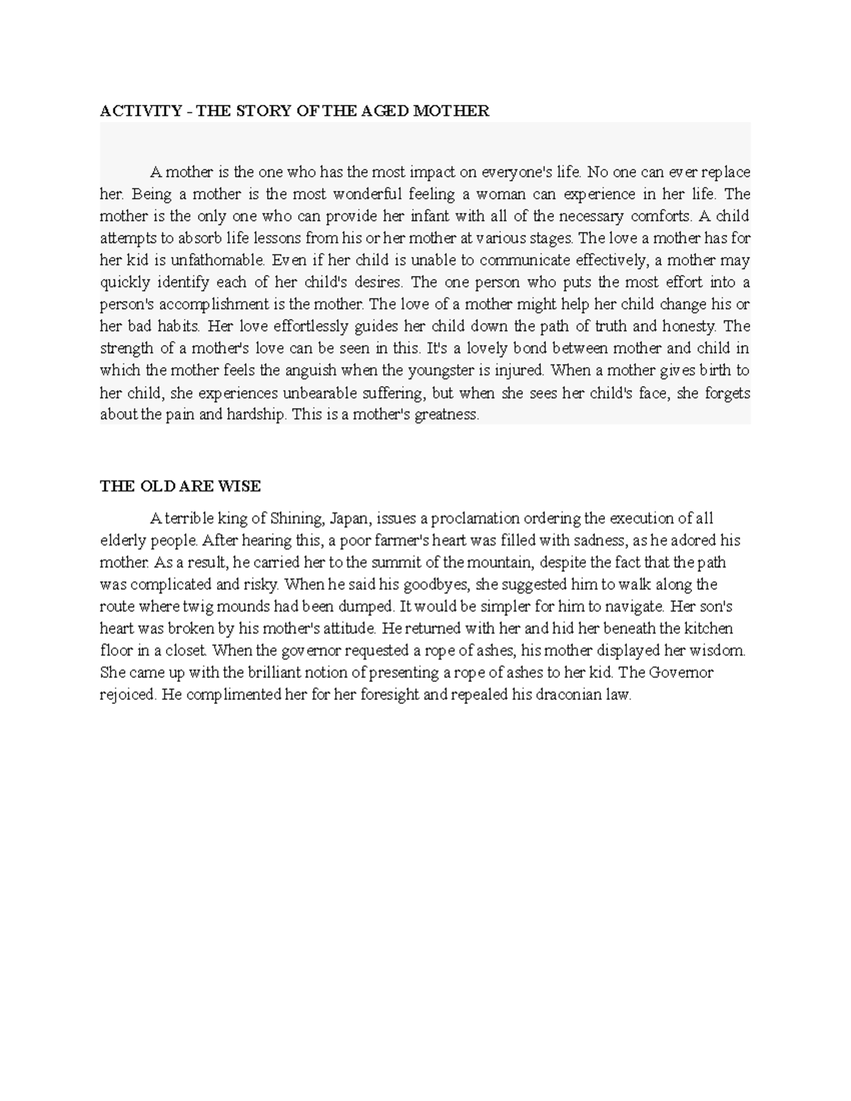 THE Story OF THE AGED Mother - BS Accountancy - Studocu