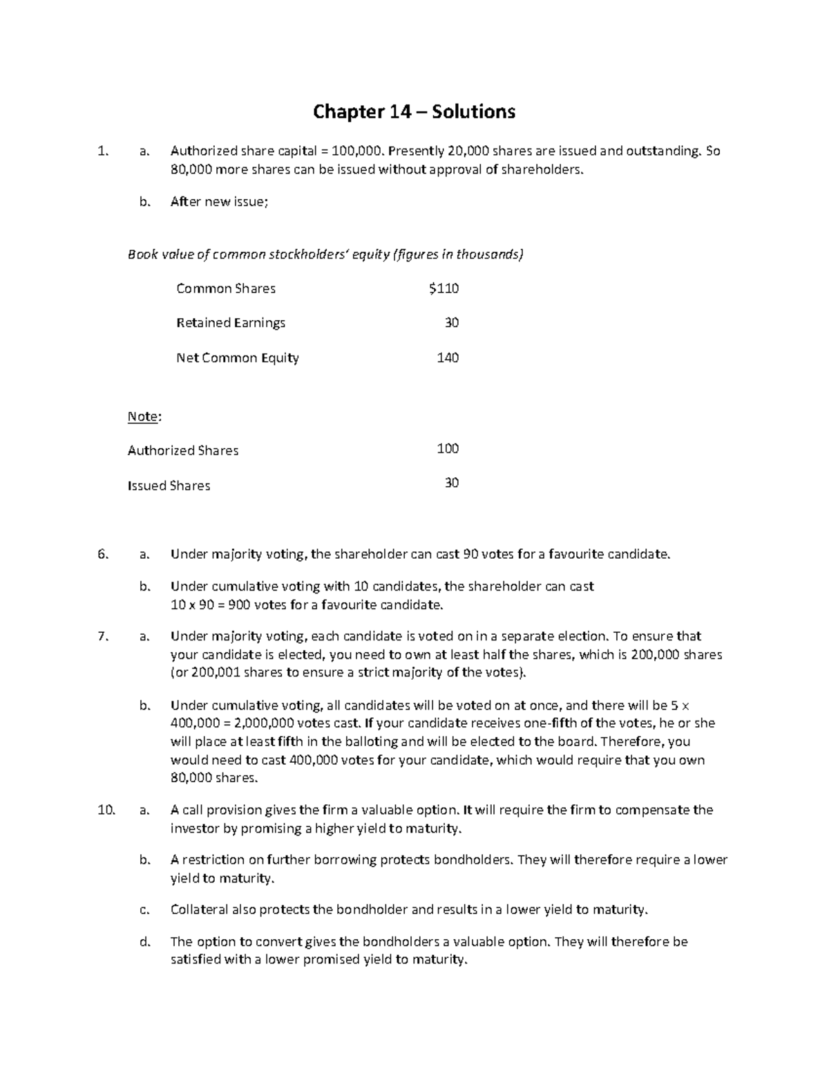 Chapter 14 - Solutions - ........ - Chapter 14 3 Solutions a. Authorized share capital = 100,000 ...