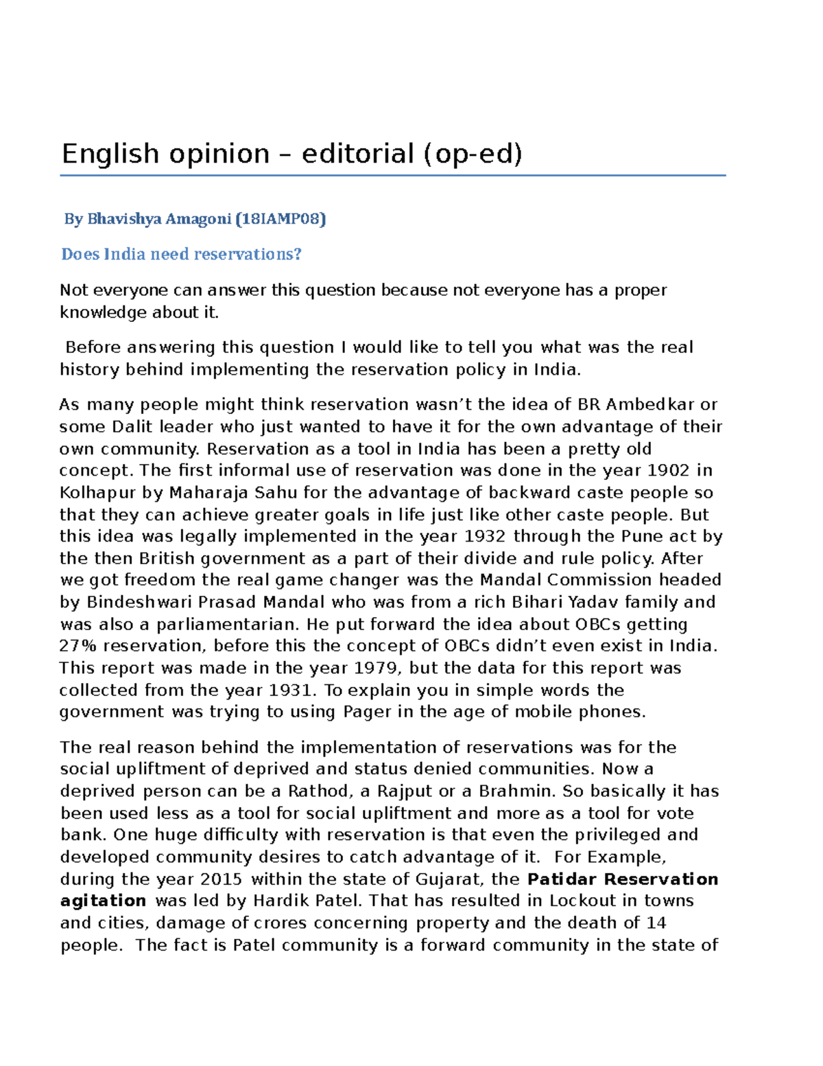 18IAMP08 op ed - English opinion – editorial (op-ed) By Bhavishya ...
