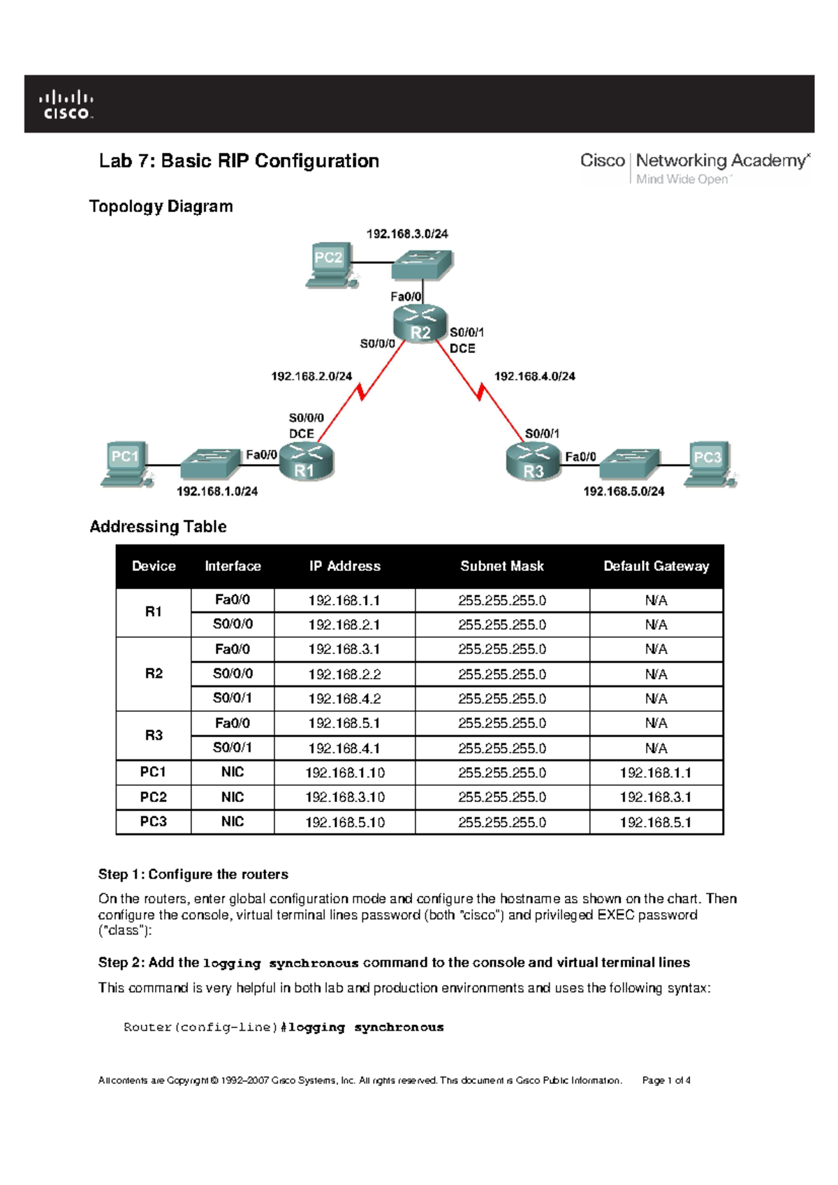 Lab-RIPv1 - sdsd - Lab 7: Basic RIP Configuration Topology Diagram Addressing Table Device ...
