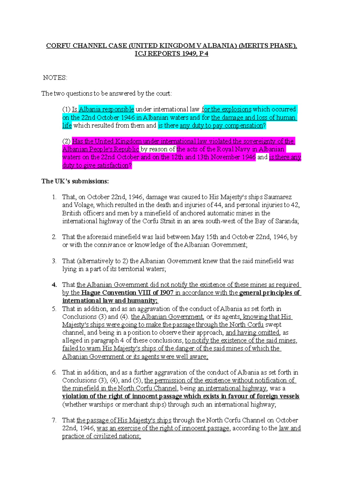Corfu Channel CASE State Responsibility Judgment Summary Notes - 070108 ...