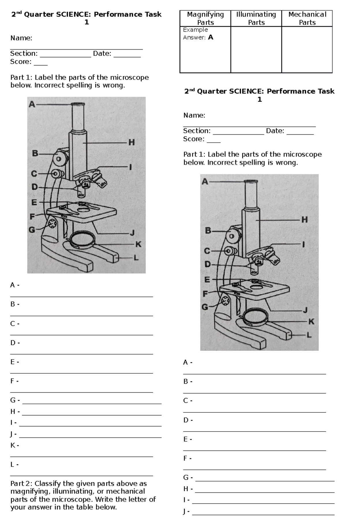 Performance Task 1 - Microscope - 2 nd Quarter SCIENCE: Performance Task 1 Name: Section: - Studocu