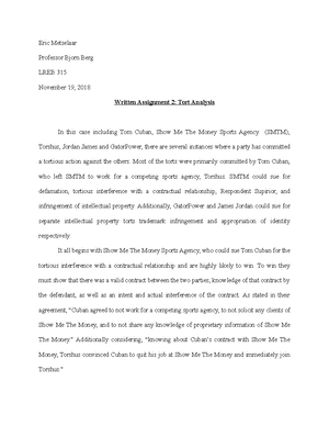 Written Assignment 1 - IRAC Analysis - LREB 315 Professor Bjorn Berg Section 101 Spring 2023 ...