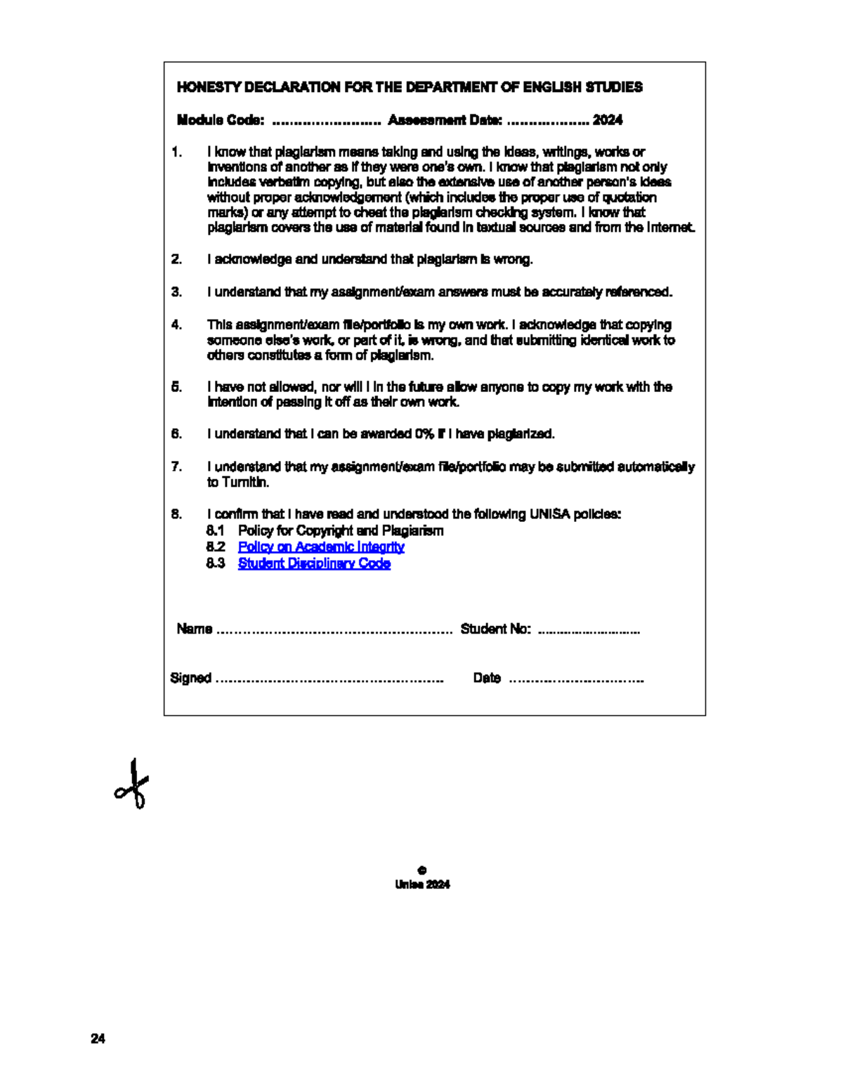 ENG Decla - HONESTY DECLARATION FOR THE DEPARTMENT OF ENGLISH STUDIES ...