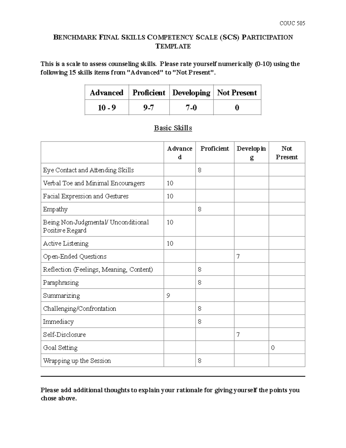 Benchmark Final Skills Competency Scale SCS Participation Template ...