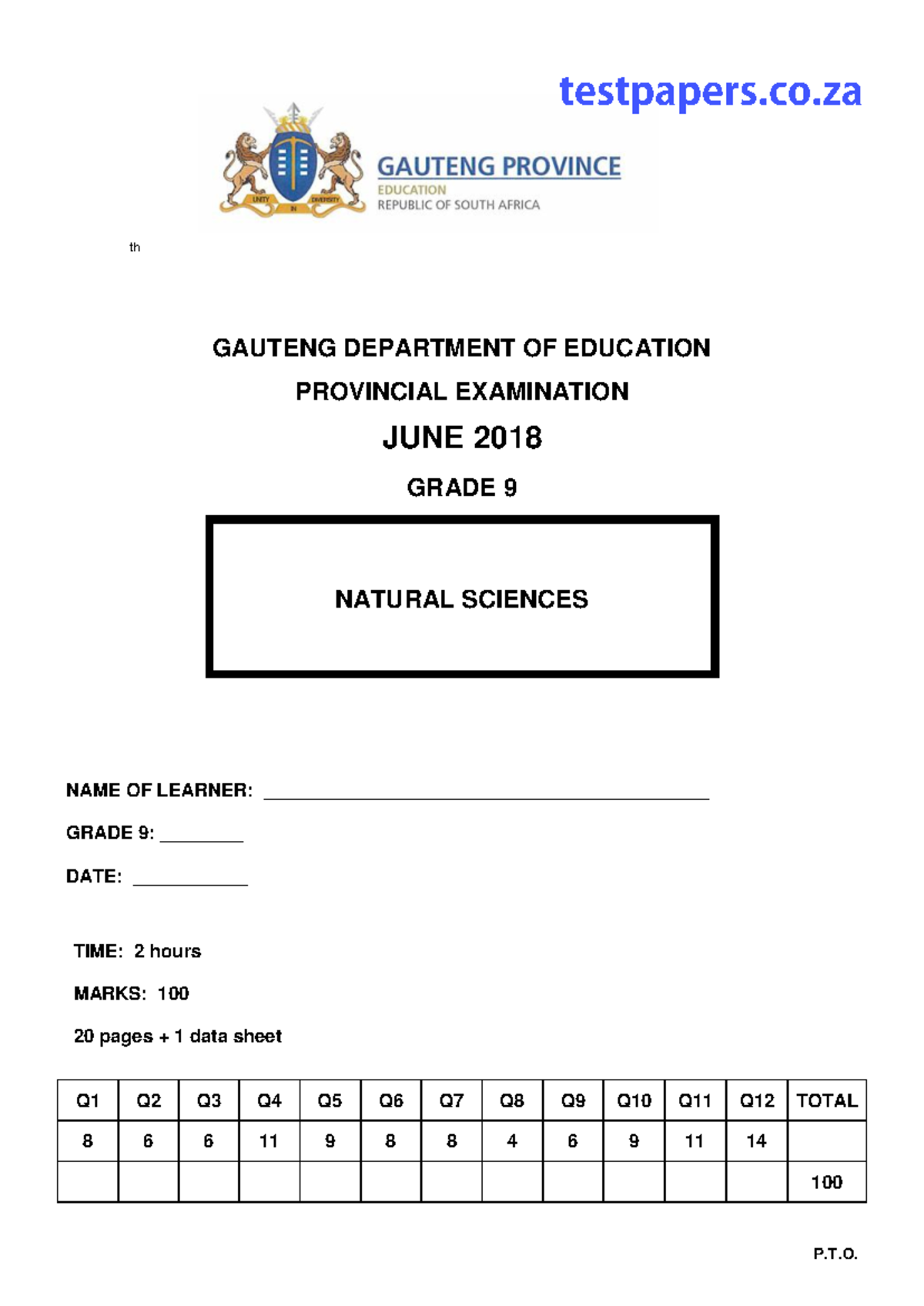 GR9 Natural SC (English) June 2018 Question Paper - GAUTENG DEPARTMENT ...