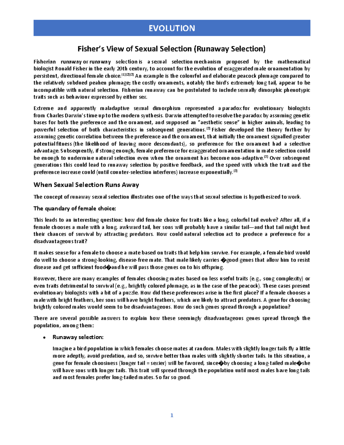 Fisher'S VIEW - student - 1 EVOLUTION Fisher’s View of Sexual Selection ...