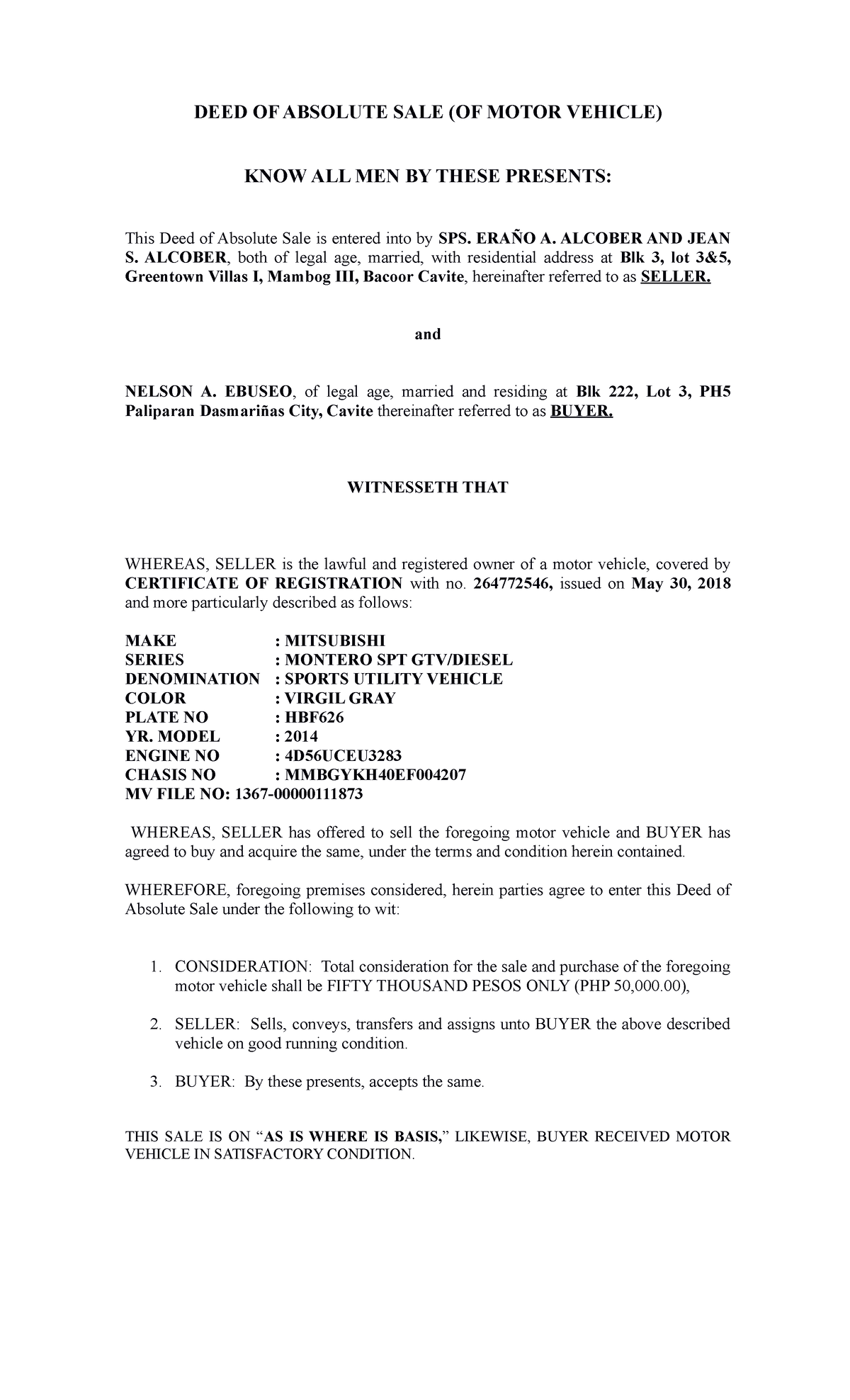 DEED OF Absolute SALE(motor vehicle 1)1 - DEED OF ABSOLUTE SALE (OF ...