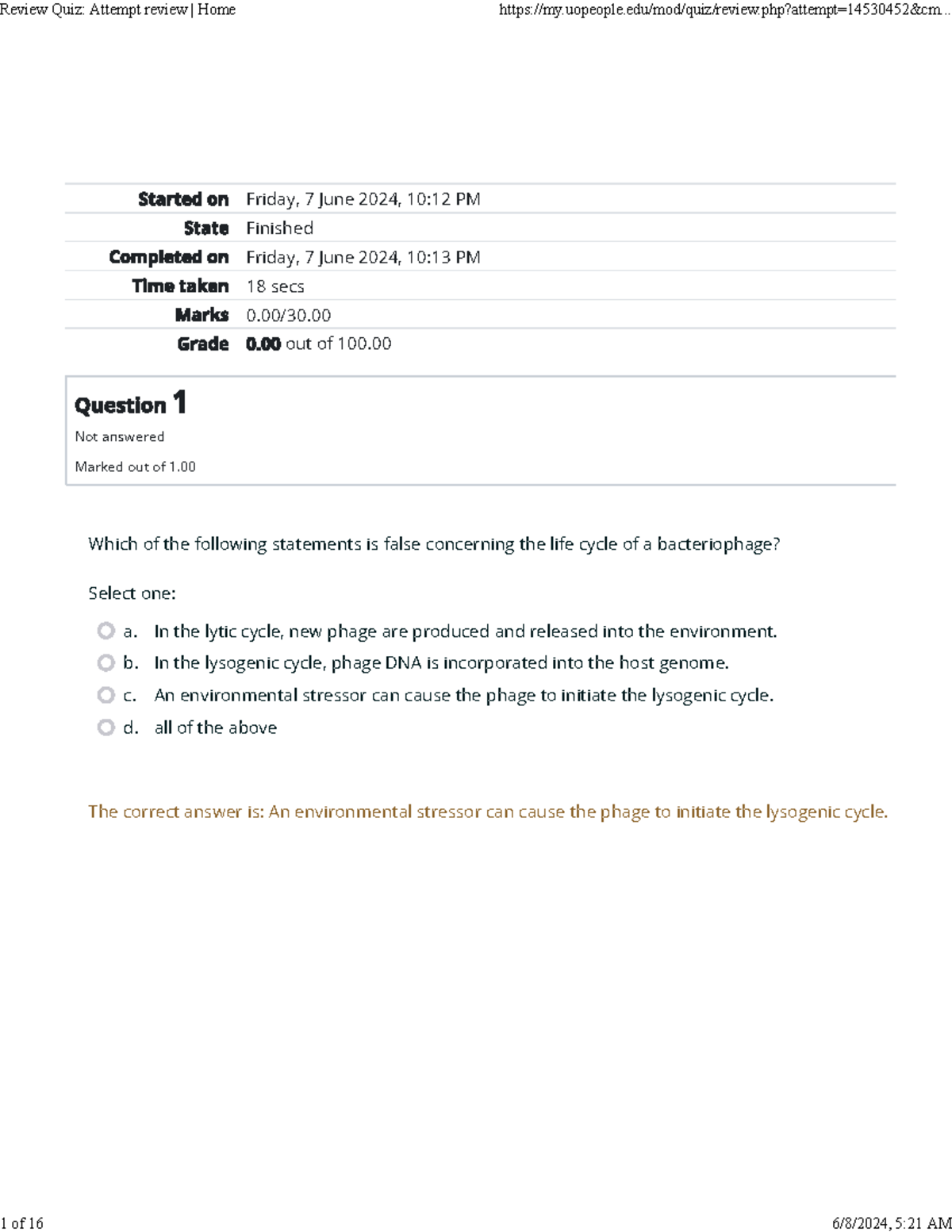 Review Quiz 1 biology - Friday, 7 June 2024, 10:12 PM Finished Friday ...