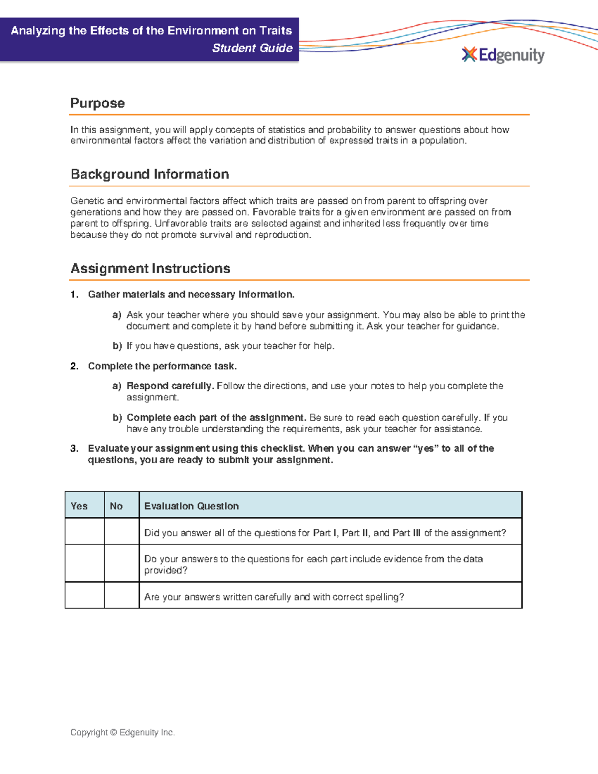 Performance Task - Analyzing the Effects of the Environment on Traits ...