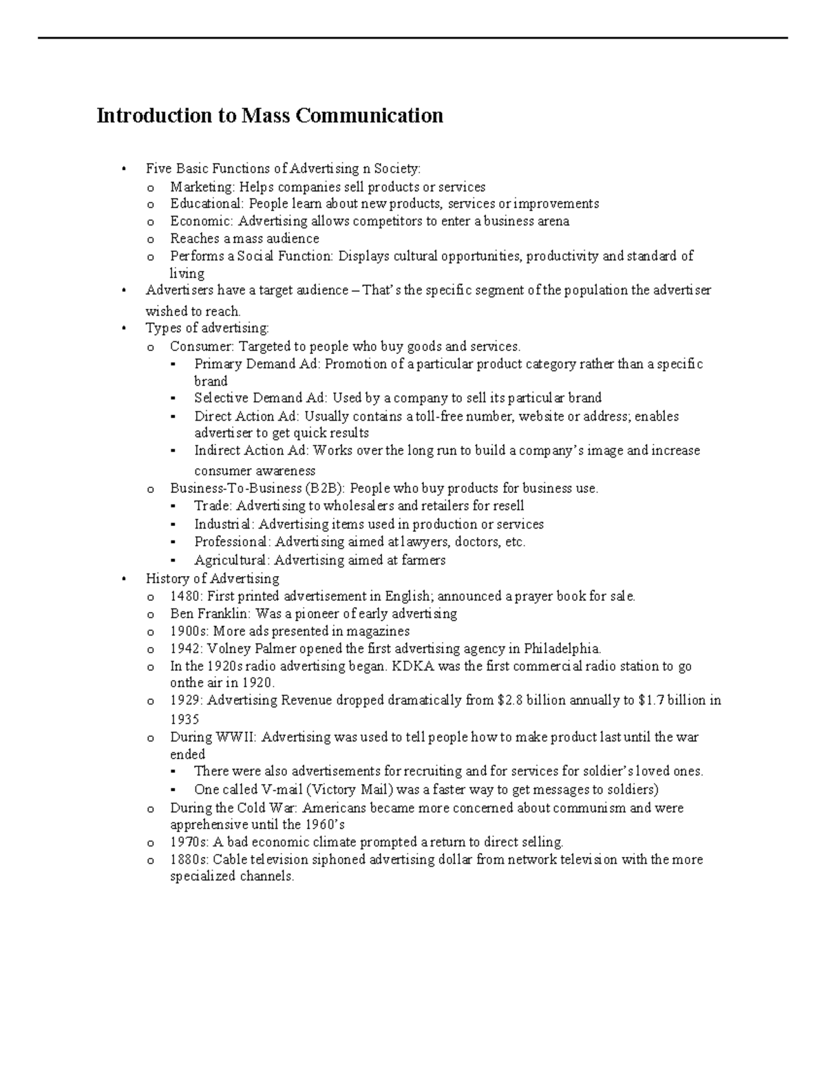 Introduction to Mass Communication - Types of advertising: o Consumer ...