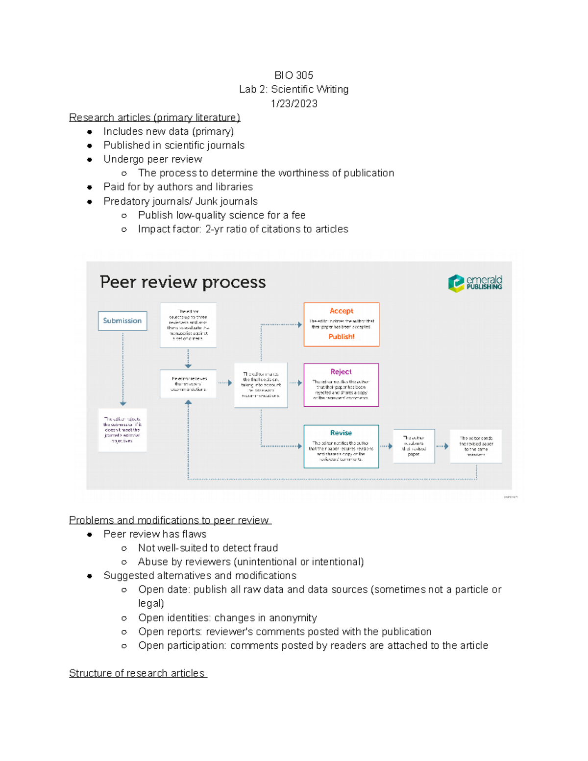 BIO 305 1 23 2023 - Spring 2023 - BIO 305 Lab 2: Scientific Writing 1 ...