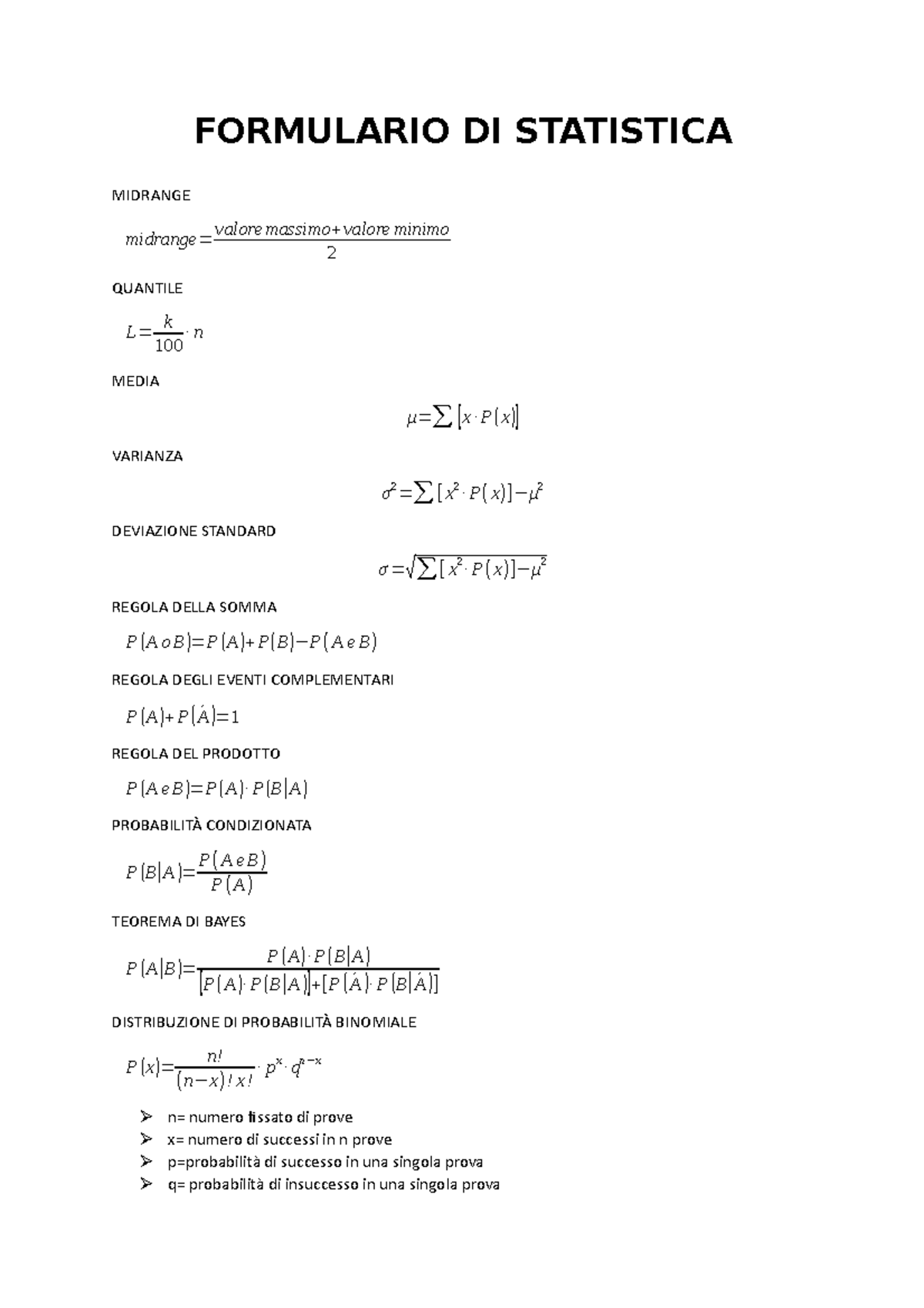 Formulario - FORMULARIO DI STATISTICA MIDRANGE midrange = valore ...