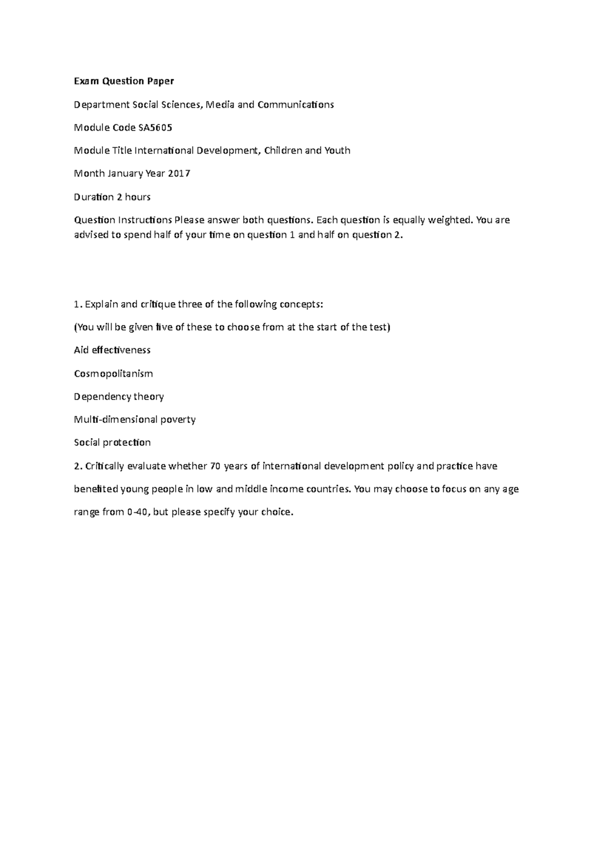 Exam 2017 International Development, Children and Youth - Exam Question ...