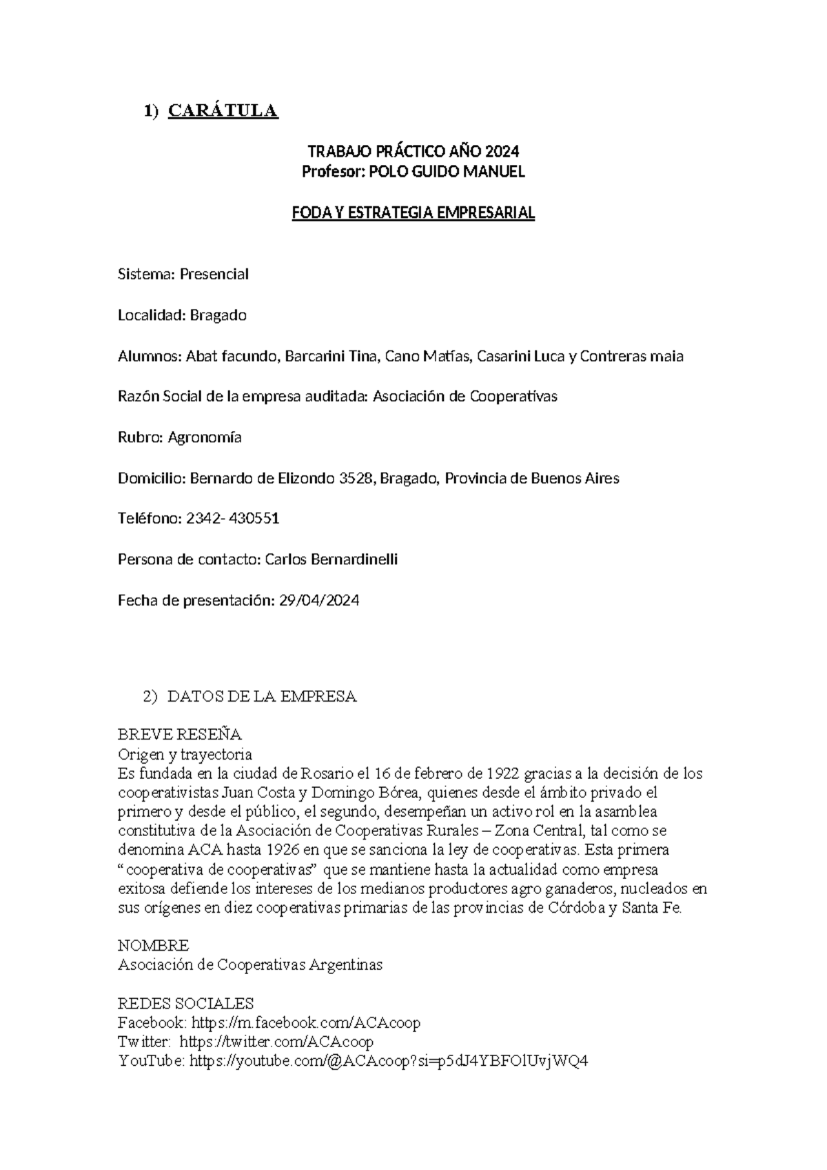 A Considerar Y Preguntas DEL TP - 1) CARÁTULA TRABAJO PRÁCTICO AÑO 2024 ...