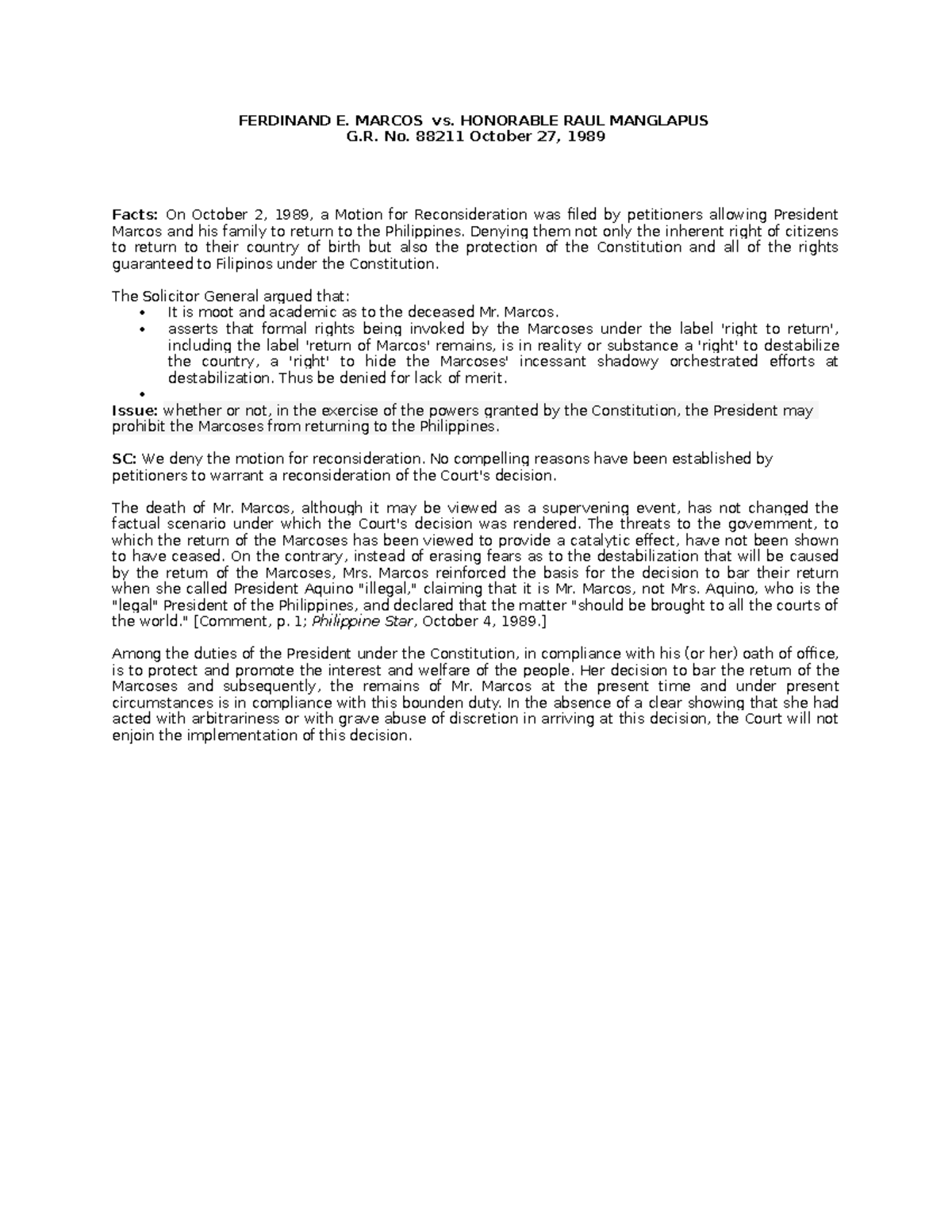 Ferdinand E. Marcos vs. Honorable RAUL Manglapus - Juris Doctor - StuDocu