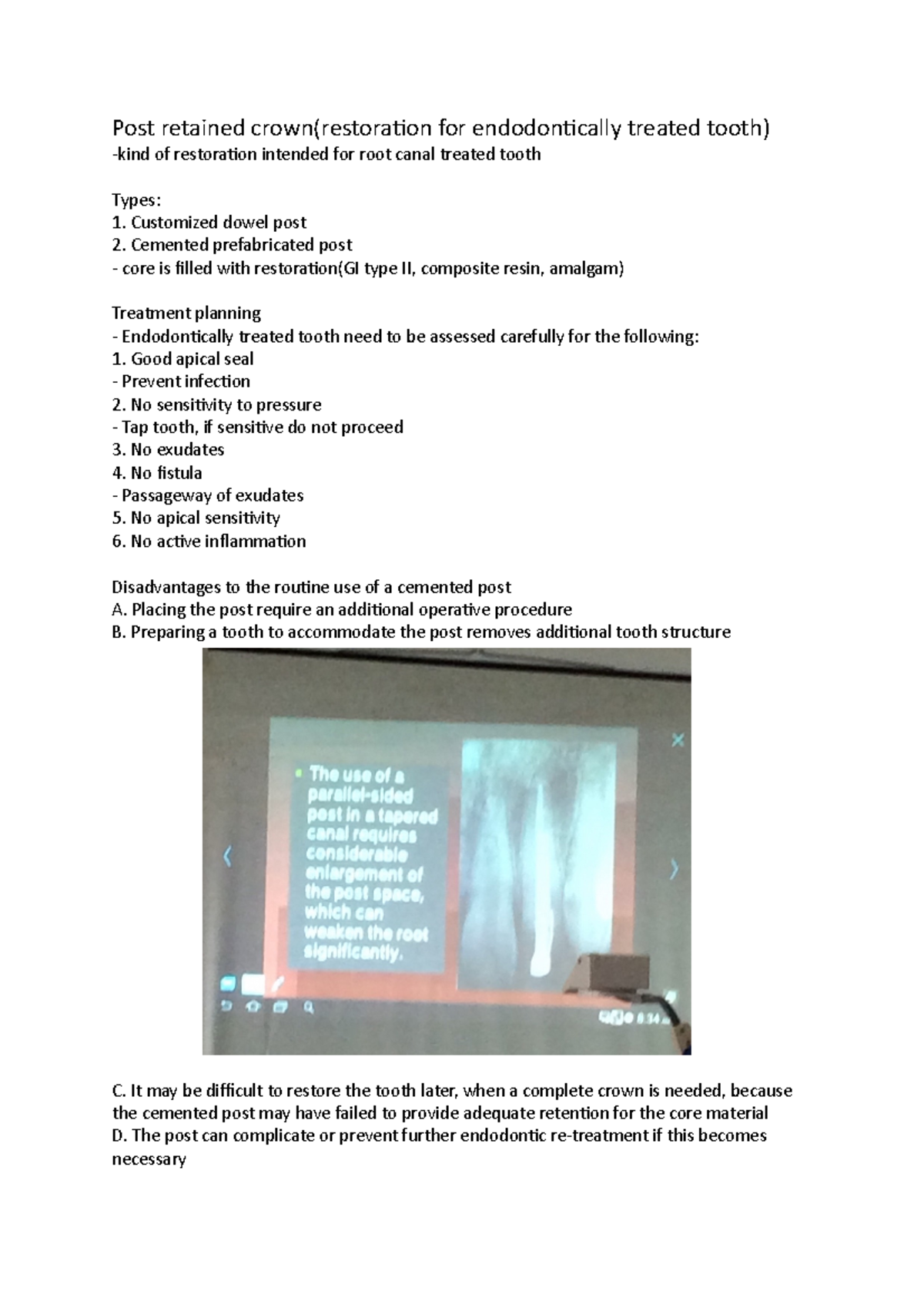 Prostho-notes 2013 RPD/CD - Post retained crown(restoration for ...