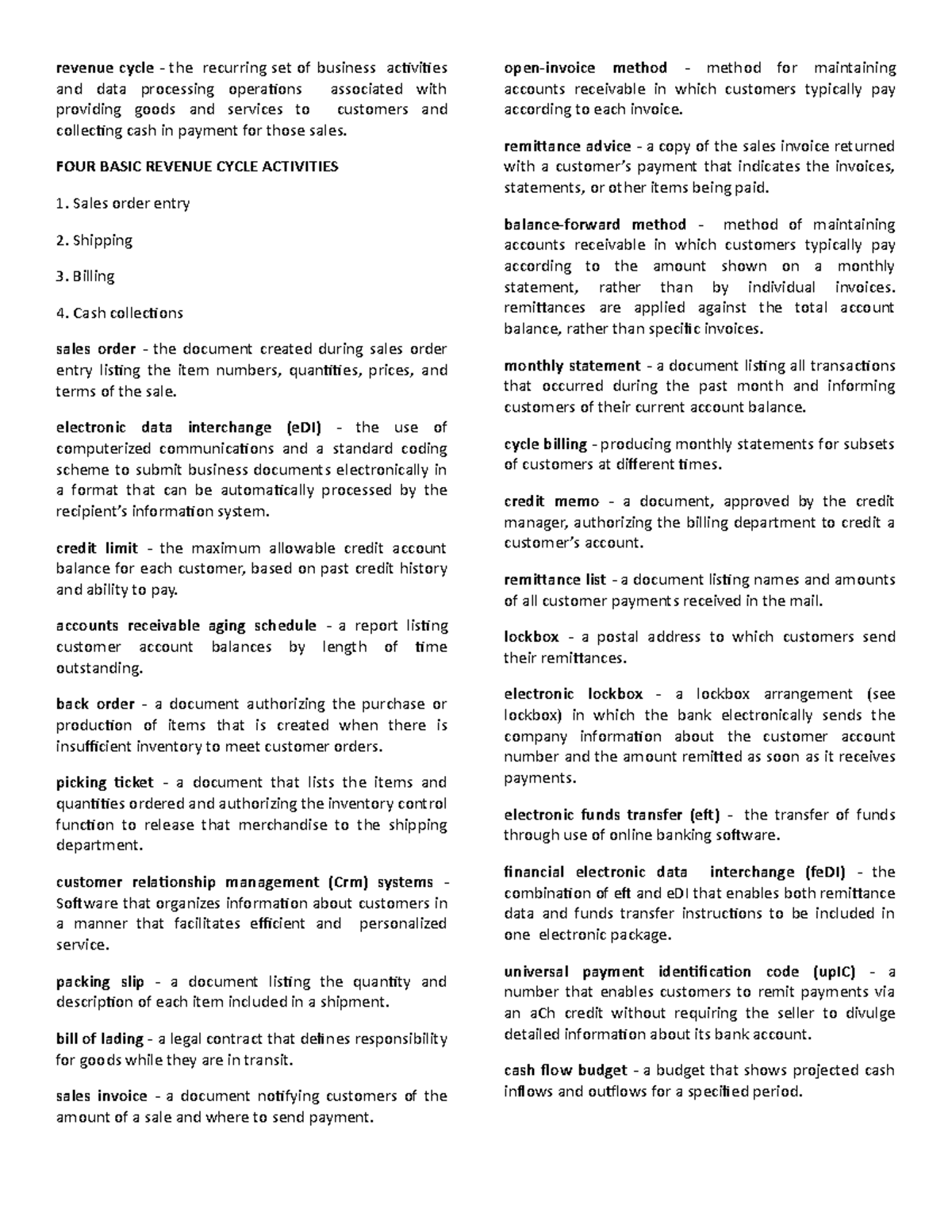 Revenue cycle - FOUR BASIC REVENUE CYCLE ACTIVITIES Sales order entry ...