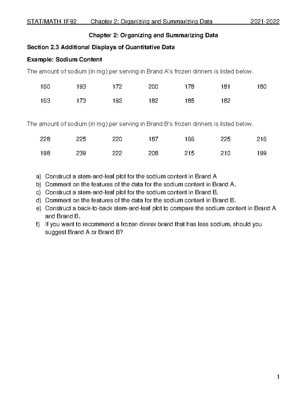 1F92 - Chapter 2 Notes - STAT/MATH 1F92 Chapter 2: Organizing and ...
