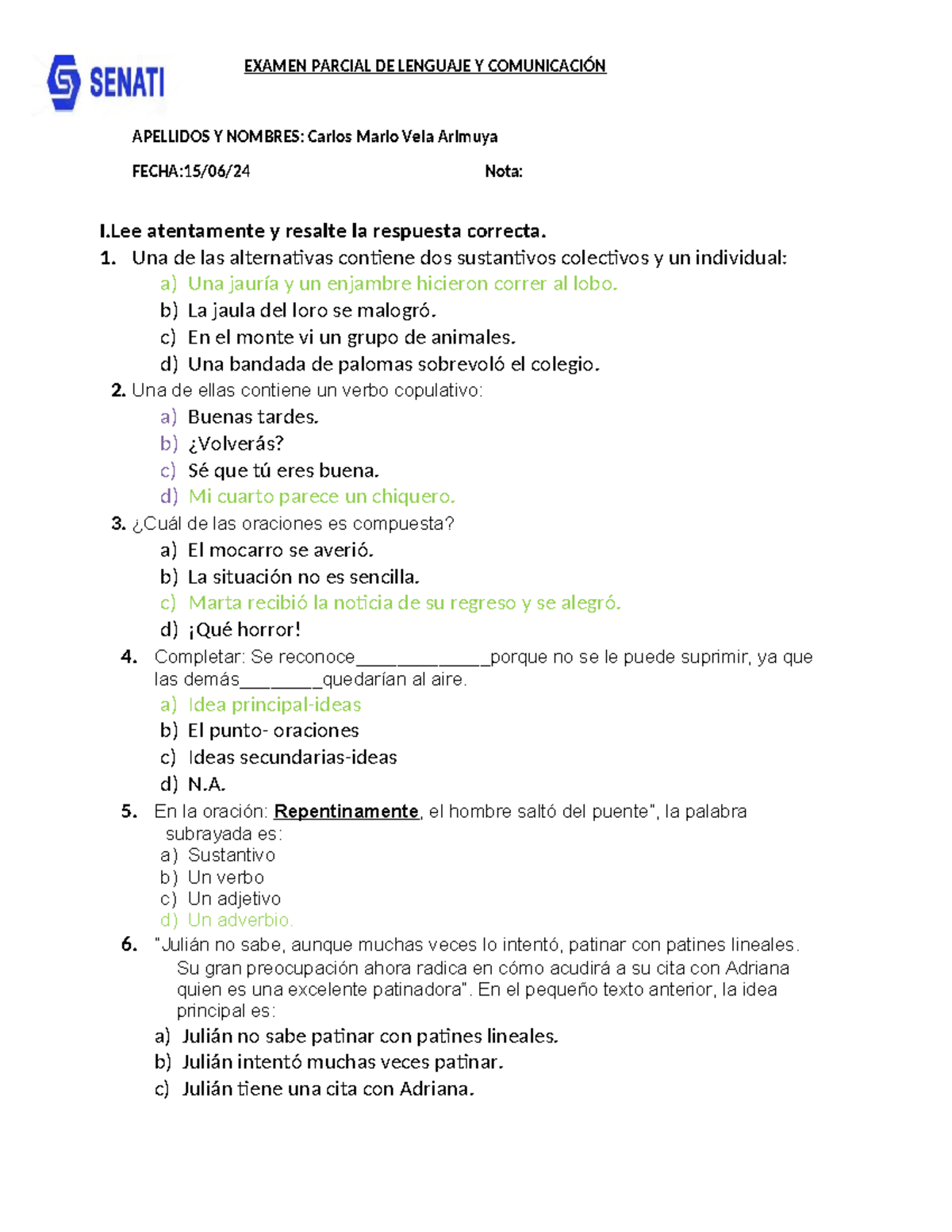 Examen de Comunicación. Carlos Mario VELA Arimuya - EXAMEN PARCIAL DE LENGUAJE Y COMUNICACIÓN ...