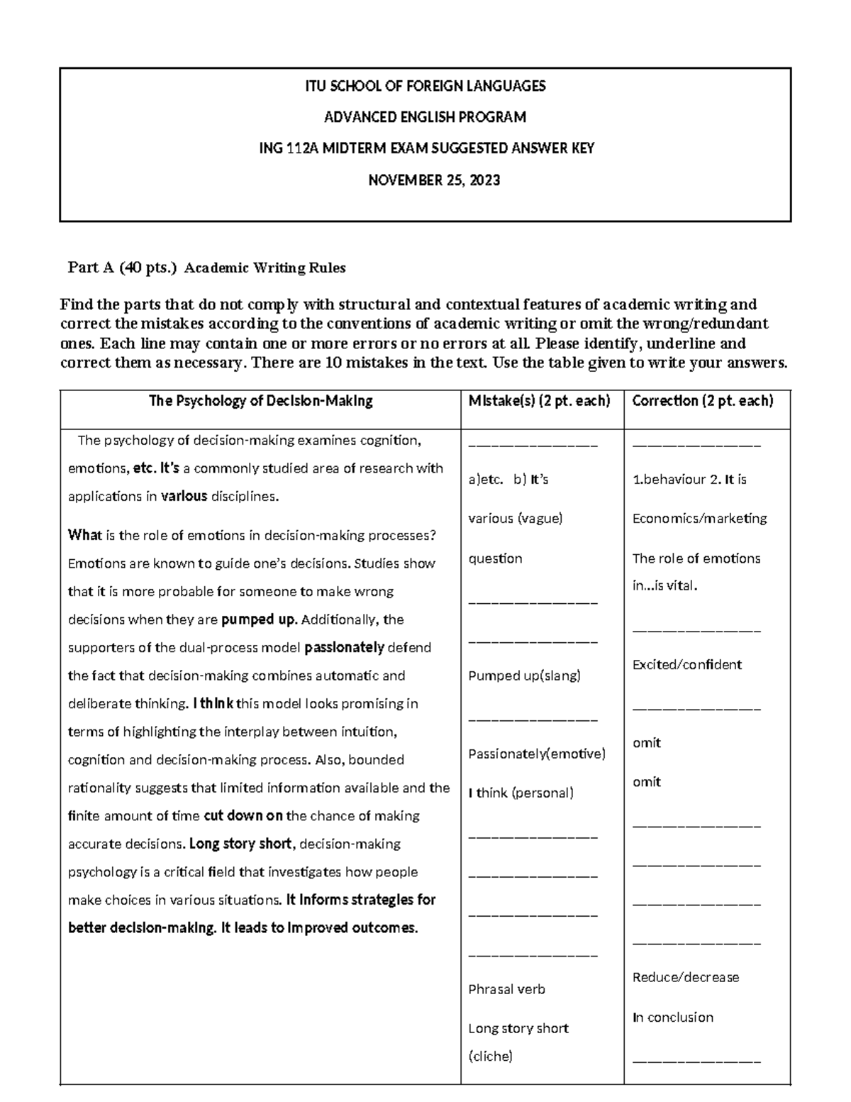 Fall 2023 ING 112A Midterm Exam Answer Key (1) - ITU SCHOOL OF FOREIGN ...