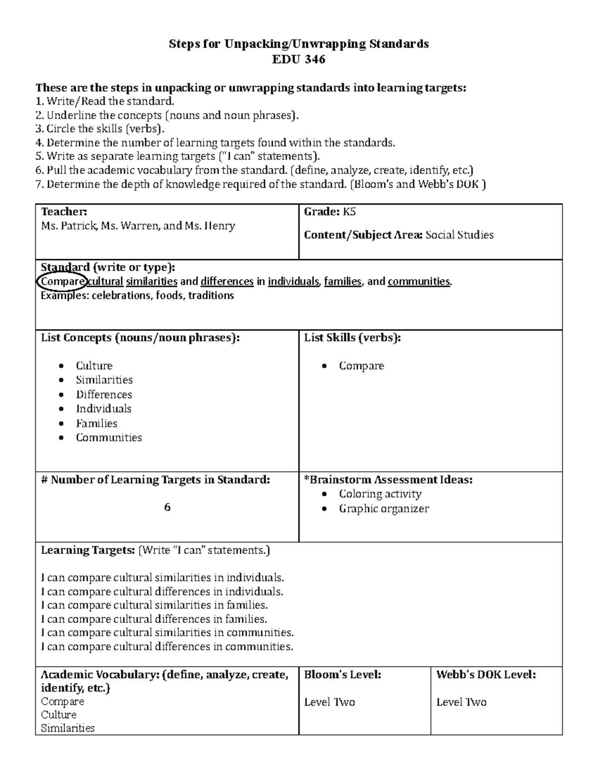 Partner Unpacking - Steps for Unpacking/Unwrapping Standards EDU 346 ...