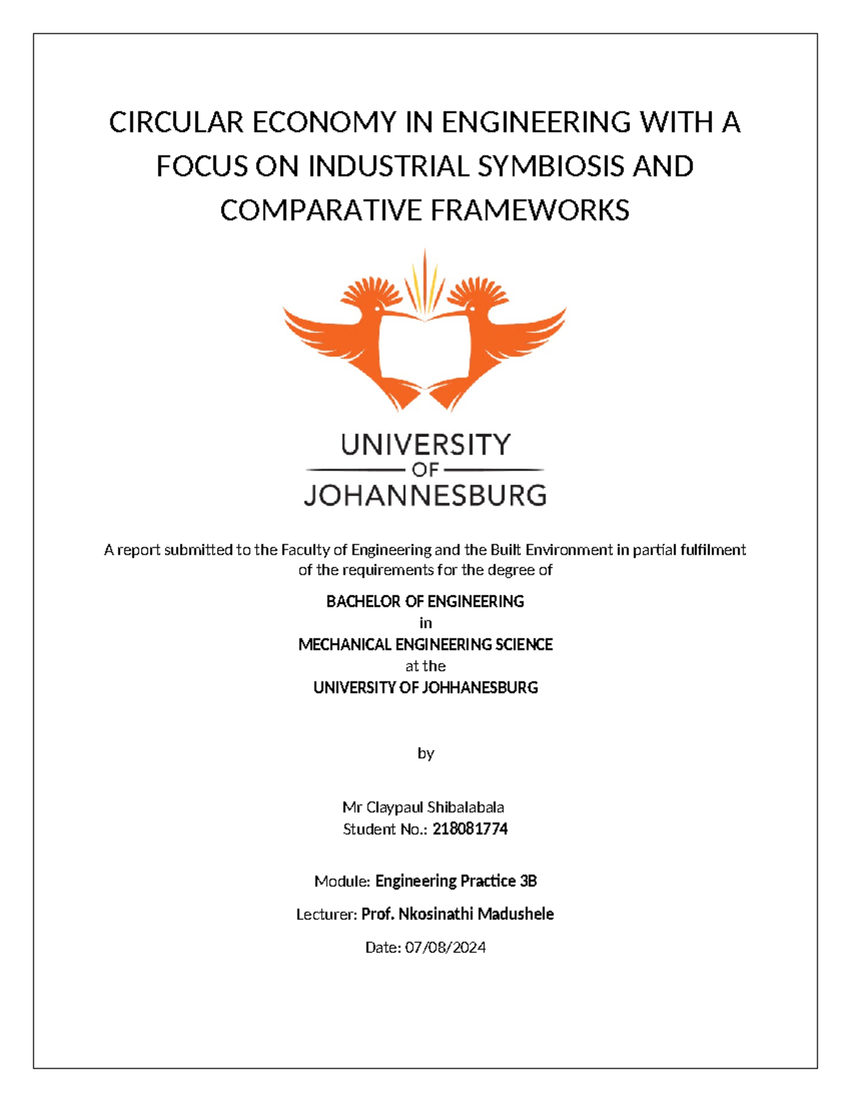 Eng. Practice - This was a precis tasked to third-year Mechanical Engineering students for the ...