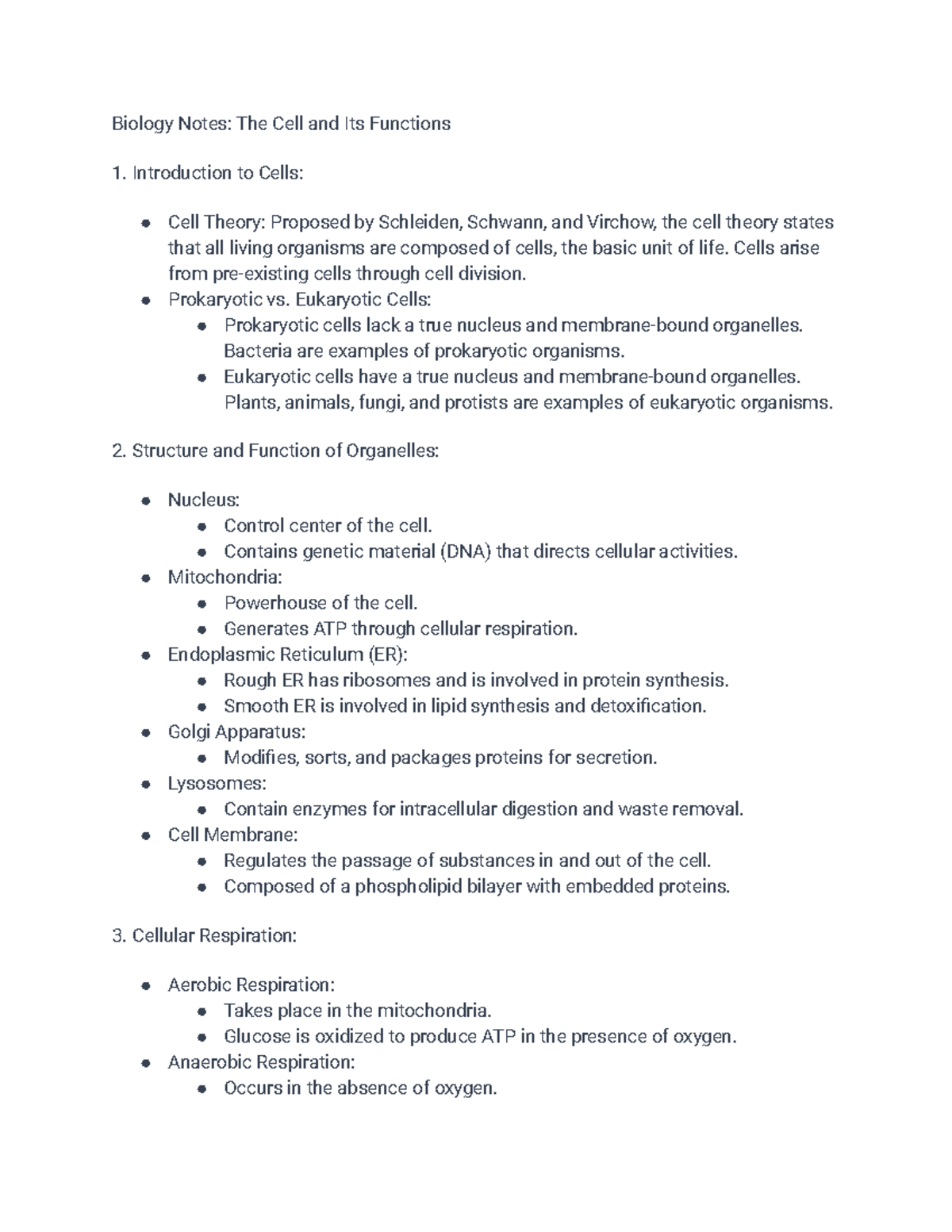 Chapter Notes for Studocu - Biology Notes: The Cell and Its Functions ...