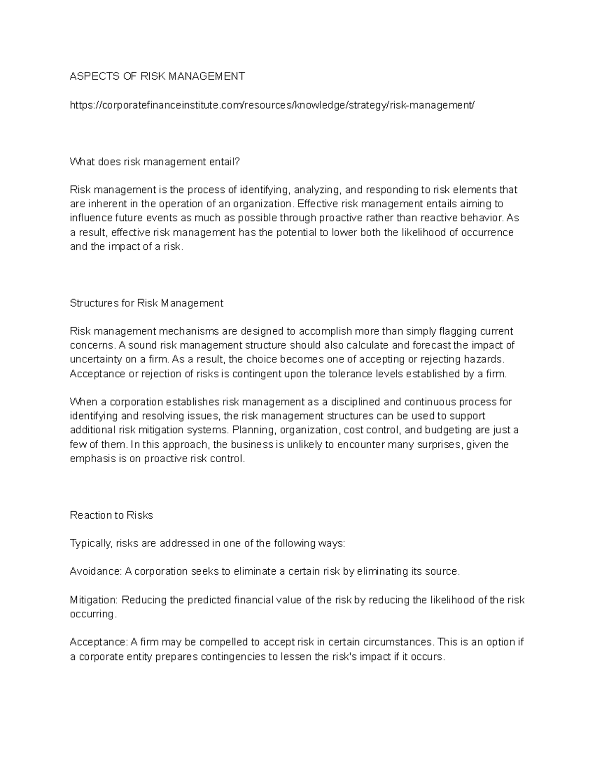 Aspects OF RISK Management - ASPECTS OF RISK MANAGEMENT - Studocu