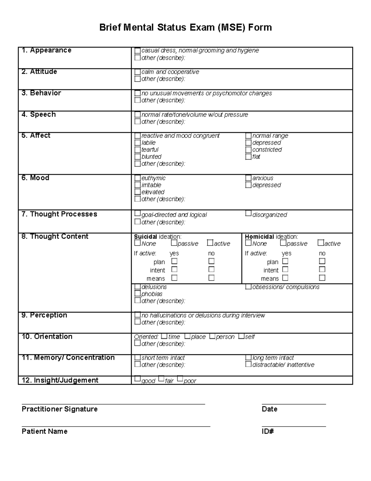 Mental status exam template 07 - Brief Mental Status Exam (MSE) Form 1 ...